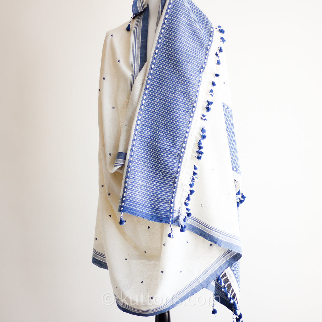 Handspun & Handwoven Organic Kala Cotton Shawl with Embroidered Mirrors ...